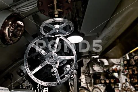 Old Ships valves, main engine, engineering interior of a submarine ...