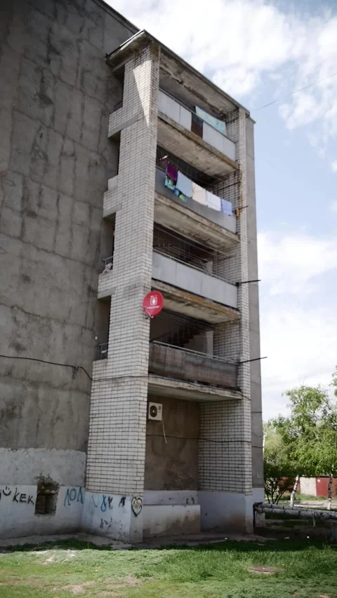 Old Soviet five-story brick house on bal... | Stock Video | Pond5