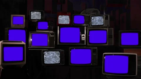 Old TVs Turning On Blue Screen and Glitc... | Stock Video | Pond5