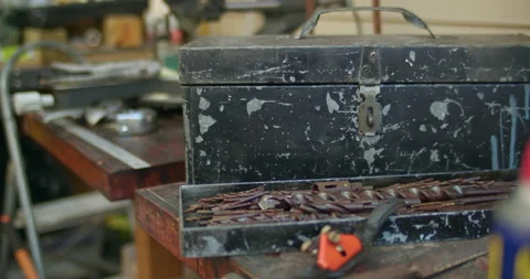 Old Vintage Toolbox in Workshop. Pan wor... | Stock Video | Pond5