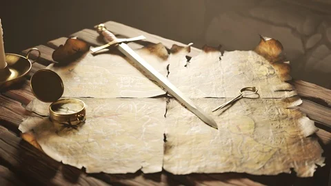 Old, worn, handmade treasure map on a ca... | Stock Video | Pond5