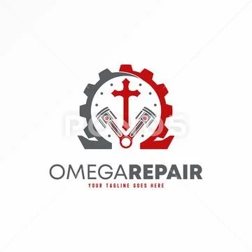 Omega logo. Cross design with Piston and gear image. Combining icons ...