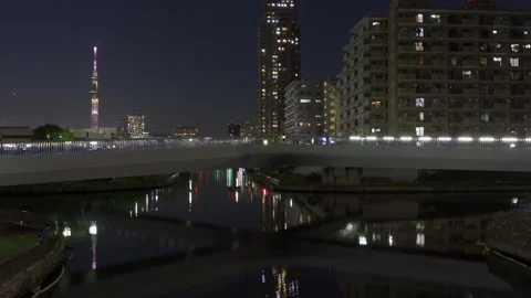 Onagi River Clover Bridge night | Stock Video | Pond5