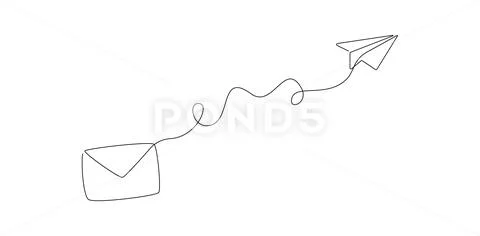 One continuous line drawing of flying Paper plane and mail. Sending ...