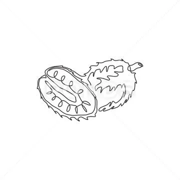 One continuous line drawing whole and sliced healthy organic soursop ...