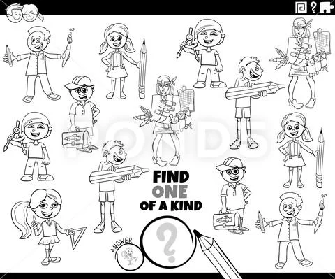 One of a kind task with cartoon pupils children coloring page: Graphic ...