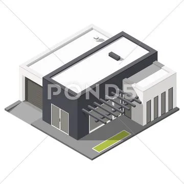 One-storey house with flat roof isometric icon set: Graphic #61393837