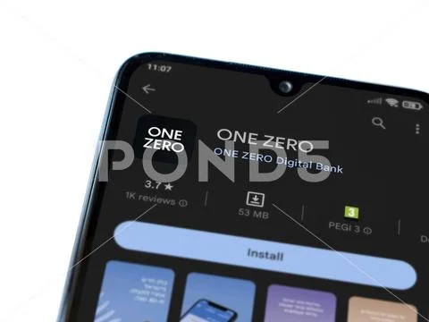 One Zero app play store page on smartphone on white background Stock ...