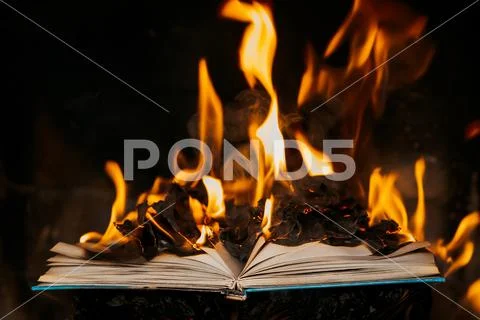 Open book is on fire, pages are engulfed in flames. Concept of ...