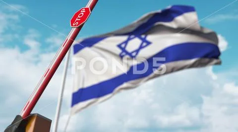 Open boom gate on the Israeli flag background. Free border crossing or ...