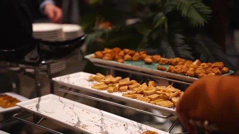 Open buffet with shiny look. Buffet rest... | Stock Video | Pond5