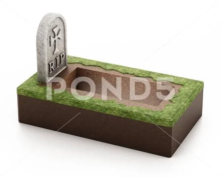 Open grave with gravestone isolated on white background. 3D ...