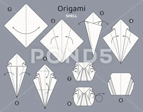 Origami tutorial. Origami scheme for kids Shell.: Royalty Free #226544826