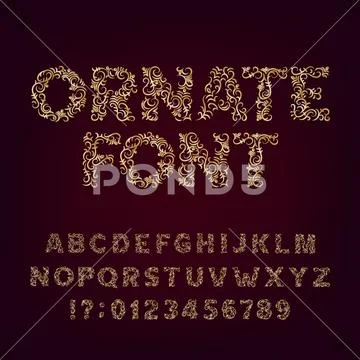 Ornate golden typeface. Ornamental alphabet font.: Graphic #80081381