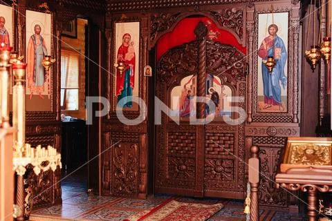 The Orthodox Church attributes, font ,icon ,cross , prayer room inside ...