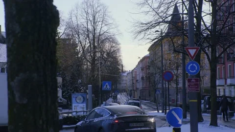 Oslo busy street intersection, train, tr... | Stock Video | Pond5