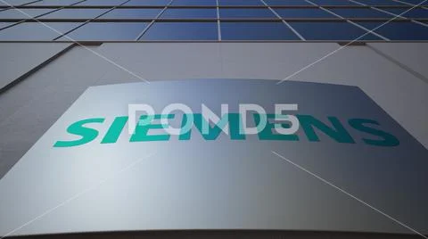 Outdoor signage board with Siemens logo. Modern office building. Editorial 3D Illustration #75713540