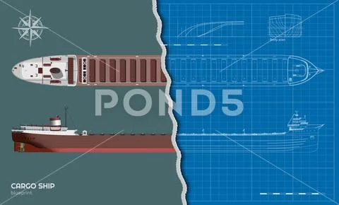 Outline cargo ship blueprint. Front, side and top industrial views of ...