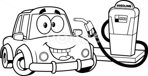 Outlined Happy Cute Car Cartoon Character At Gas Station Being Filled ...