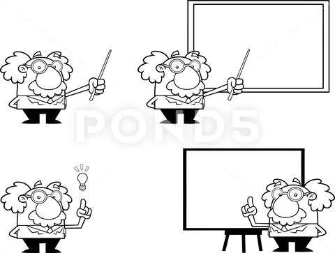 Outlined Science Professor Character Poses. Vector Hand Drawn ...