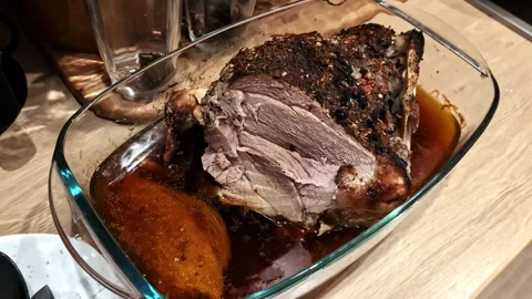 Oven roasted pork meat joint with spices... | Stock Video | Pond5