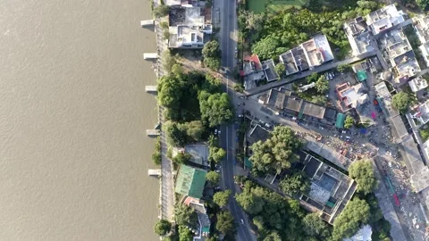 Overhead View Of Riverfront Houses Along... | Stock Video | Pond5