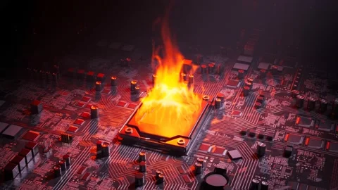 Overheating CPU. Fire burning on a hot p... | Stock Video | Pond5