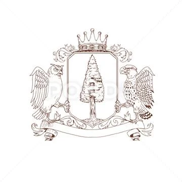 Owl and Hawk Redwood Crown Crest Drawing: Graphic #80745493