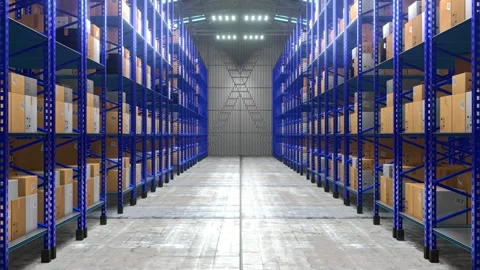 Packages on shelves in warehouse - 3D 4k... | Stock Video | Pond5