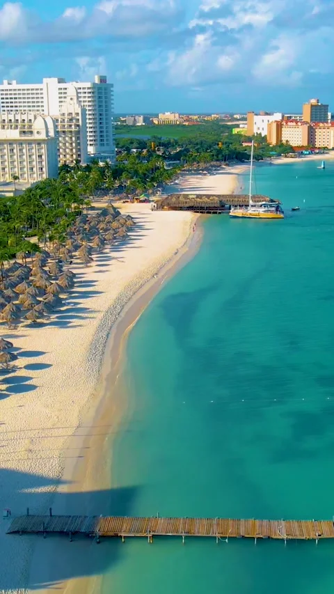 Palm beach Aruba Caribbean, white long s... | Stock Video | Pond5
