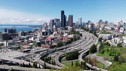 Pan of Seattle Skyline and Freeway with ... | Stock Video | Pond5