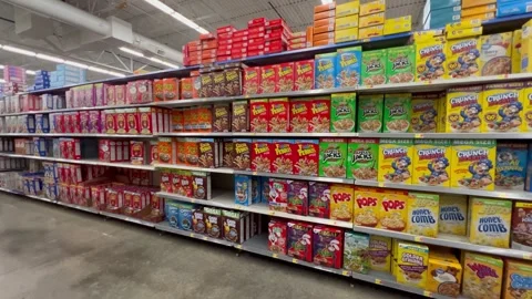 Panning left on the breakfast cereal ais... | Stock Video | Pond5
