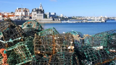 Panning of shellfish traps at Cascais Ba... | Stock Video | Pond5