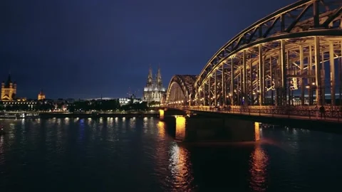 Panoramic view of Cologne landmarks at n... | Stock Video | Pond5