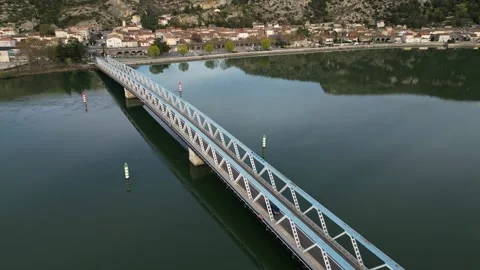Panoramic view of a metal bridge over th... | Stock Video | Pond5