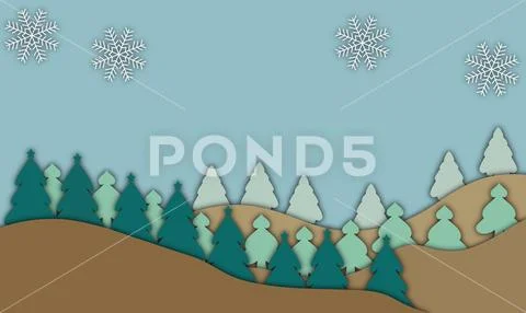 Paper Cut Mountain Landscape. Papercut with Spruce Trees, Snow Flags at ...