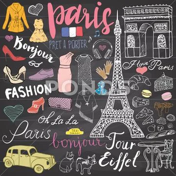 Paris doodles elements. Hand drawn set with eiffel tower bred cafe ...