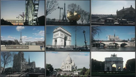 Paris Famous Landmarks Split Screen CCTV... | Stock Video | Pond5