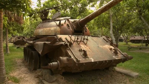 A partially-ruined T54 tank at Cambodia ... | Stock Video | Pond5