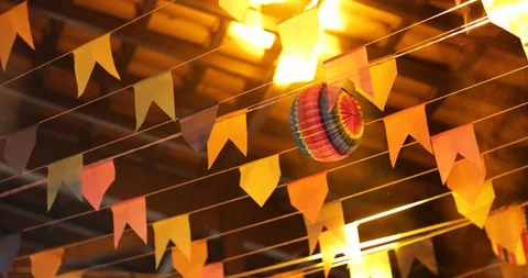 Party ribbons hanging from ceiling. Fest... | Stock Video | Pond5