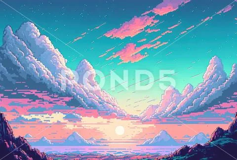 Pastel sweet blue pink sky pixel art style. background with copy space ...