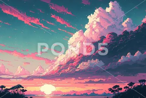 Pastel sweet blue pink sky pixel art style. background with copy space ...