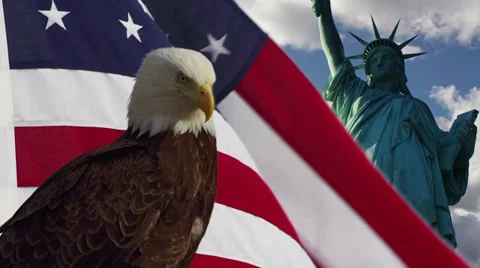 American Flag With Eagle And Statue Of Liberty