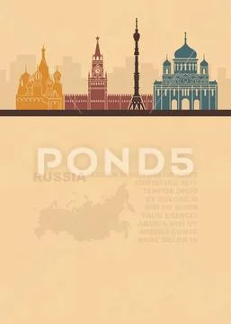 Pattern leaflets with a map of Russia and architectural sights of ...