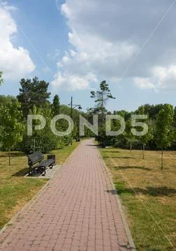 Paved tiled path with a bench in the city Park. Stock Image #139832836