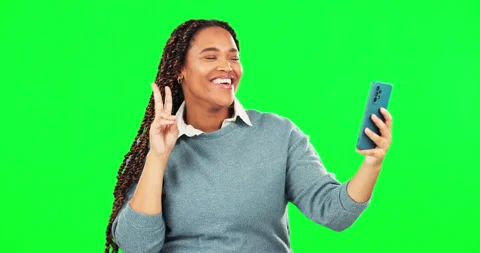 Peace, selfie and woman in green screen ... | Stock Video | Pond5