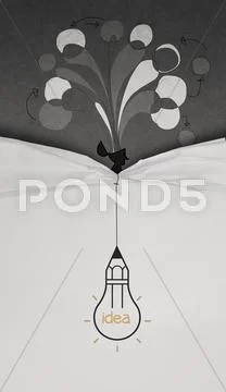 Pencil lightbulb draw rope open wrinkled paper show diagram on black ...