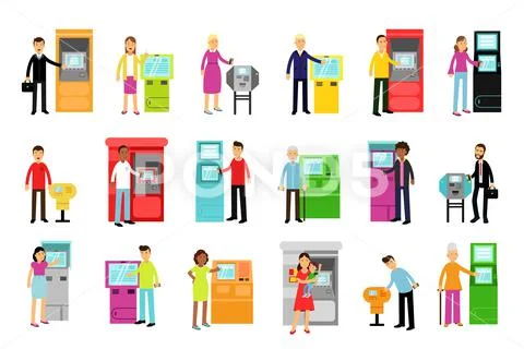 People Characters Using Electronic Self Service Terminals and ATM ...