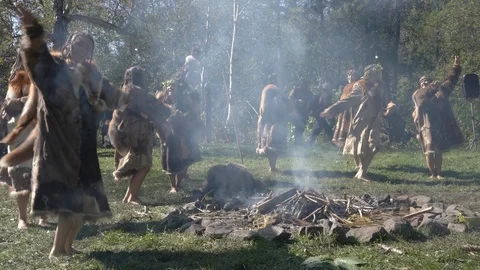 People dancing ritual dance near fire in... | Stock Video | Pond5