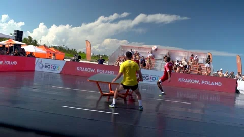 People playing teqball on a curved table... | Stock Video | Pond5